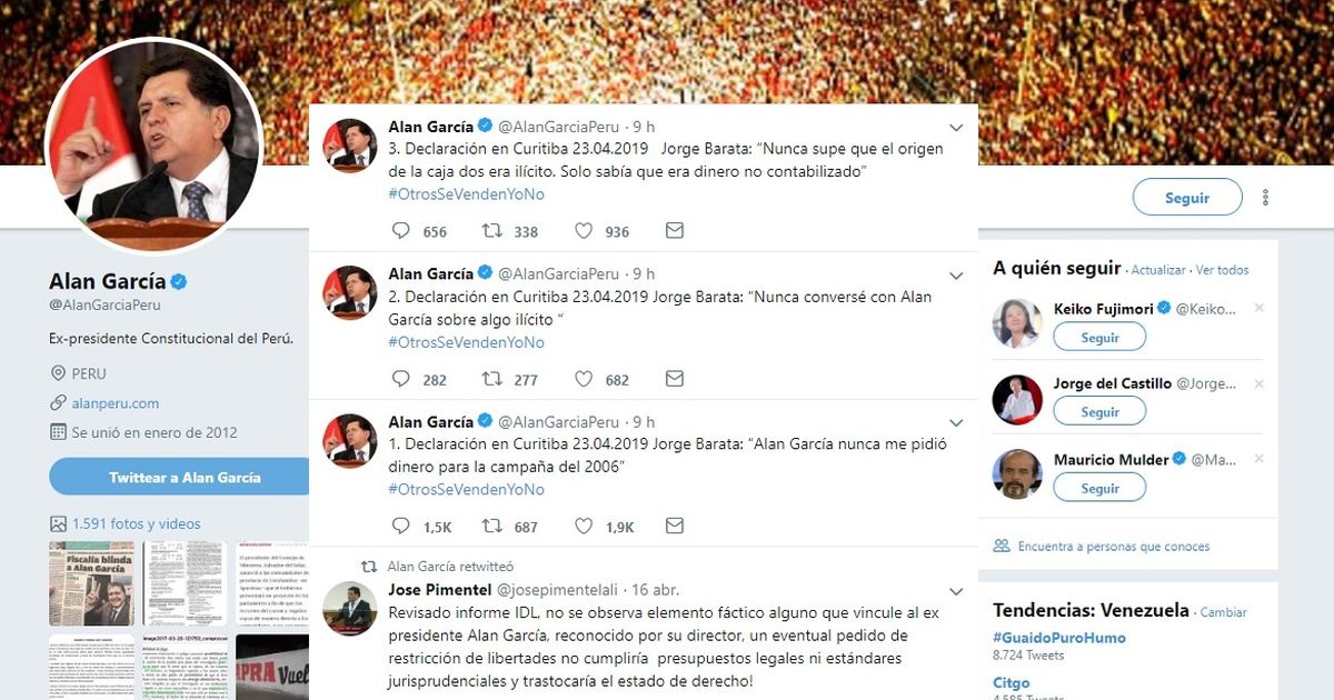 Twitter de Alan García mantiene actividad para defenderlo del caso ...