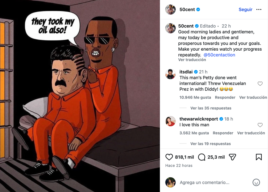 50 Cent publica caricatura de Nicolás Maduro con Sean Diddy Combs en ...