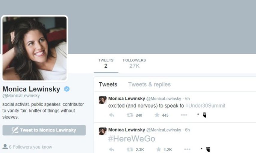Mónica Lewinsky abrió su cuenta en Twitter